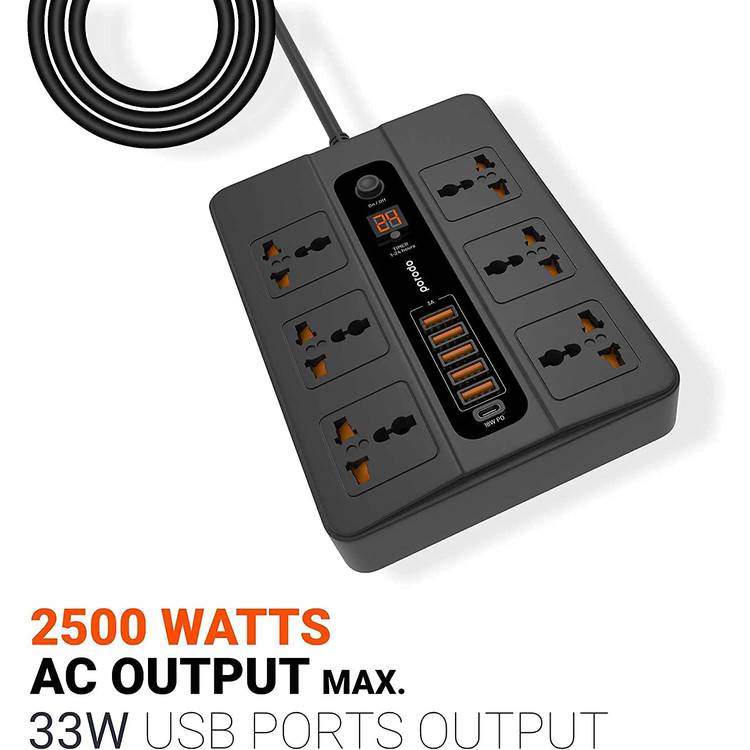 Porodo Universal Power Socket - 5 USB-A/C Ports, 0-60% in 35 mins (PD ...