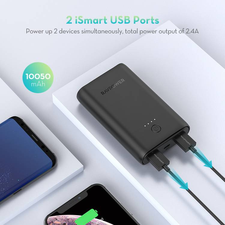 RAVPower 10050mAh Portable Power Bank with 2 iSmart Ports (RP-PB170-BK)