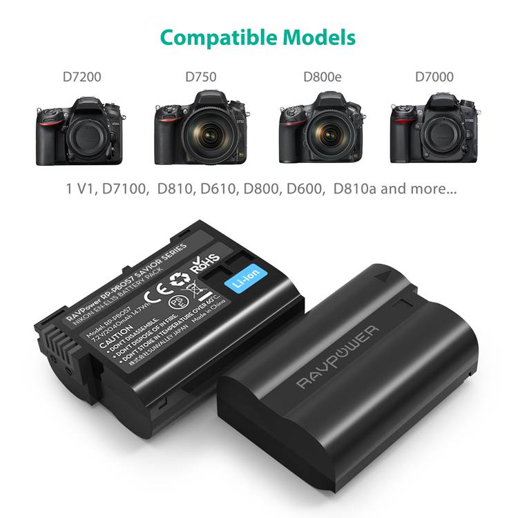 RAVPower EN-EL15 Battery Charger Set for Nikon D750, D7500, D850, D800 ...