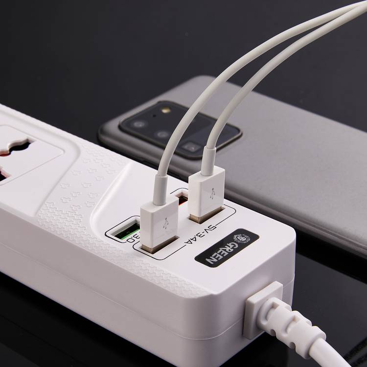Green Lion White Multi Power Plug Extension with USB Charging (GNPS3MQCWH)