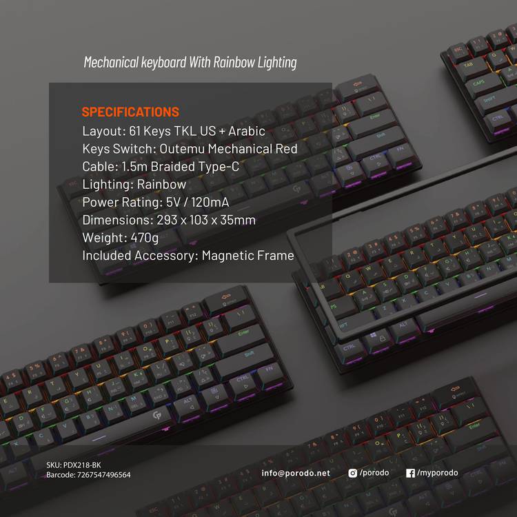 Porodo Gaming Low-Profile TKL Mechanical Keyboard - 61 Keys TKL (PDX218-BK)