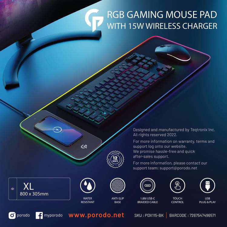 RGB Gaming Mouse Pad with Wireless Charger | XL (PDX115-BK)