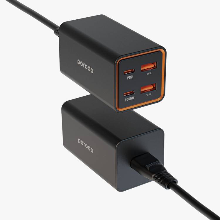 65W Porodo GaN 4-Port Desktop Charger | USB-C & USB-A Quick Charge (PD-FWCH014-BK)