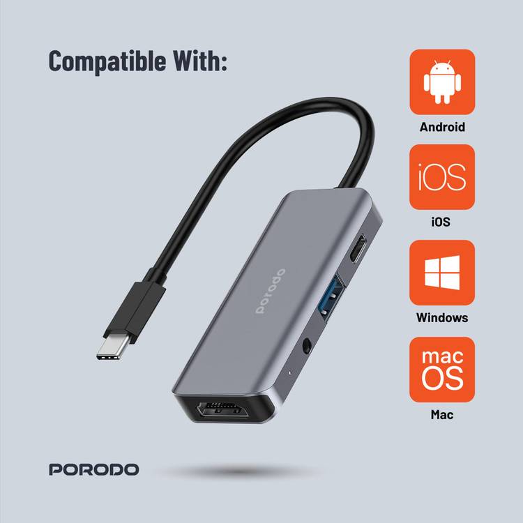 Porodo 4in1 USB-C Hub for Windows, Mac, iOS & Android | 5Gbps Data ...