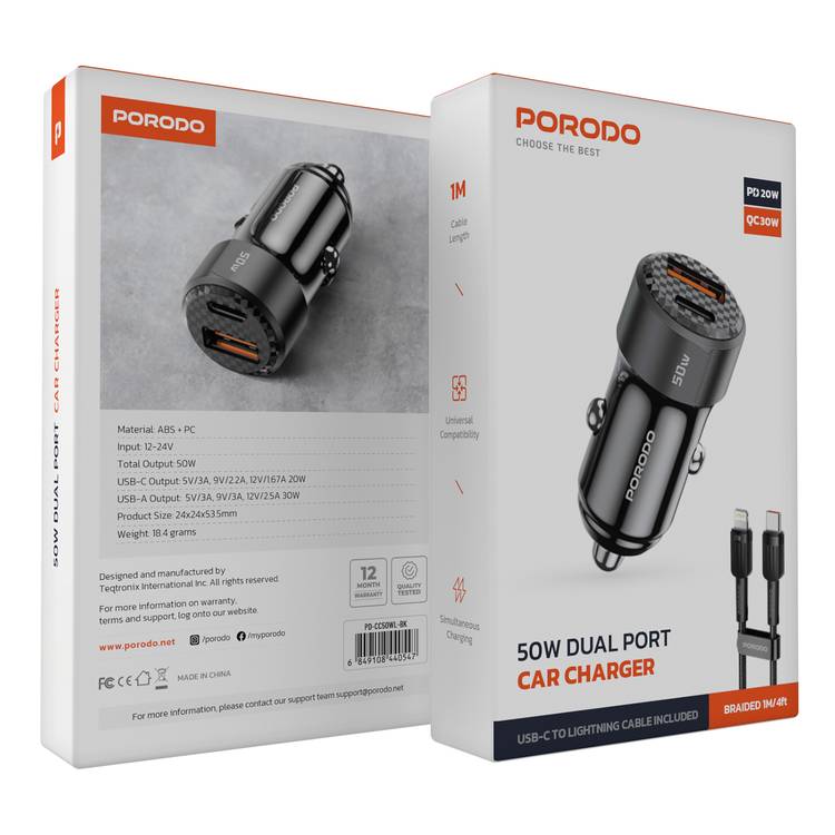 Order Porodo 50W Dual Port Car Charger in UAE | USB-C to Lightning Cable - Black Color | (PD ...