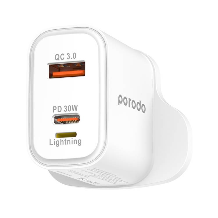 Shop Porodo Triple Port PD QC Lightning 30W Charger UK Plug (PD-FWCH019-WH)