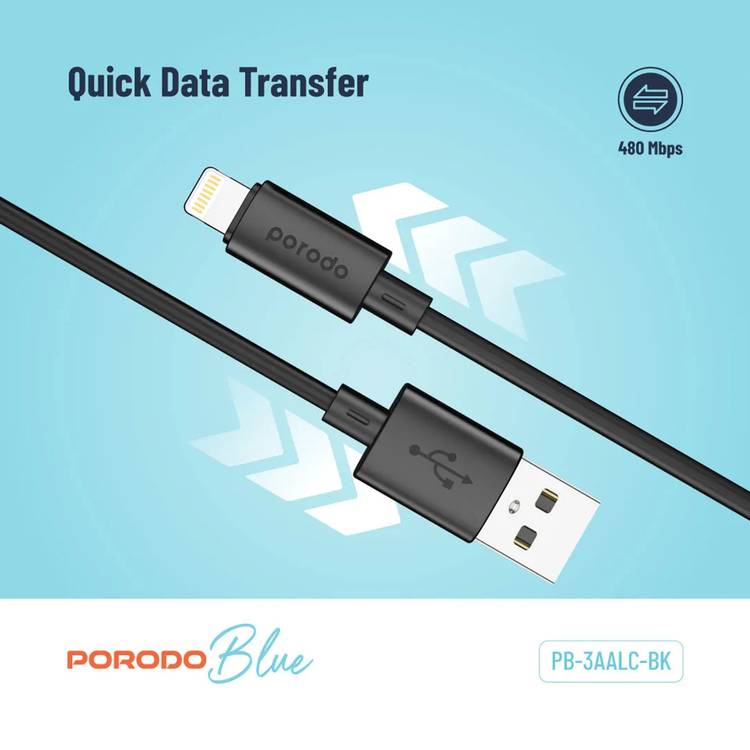 Porodo Blue Black Cable with USB-A To Lightning | Fast Charge, 1.2 m | (PB-3AALC-BK)