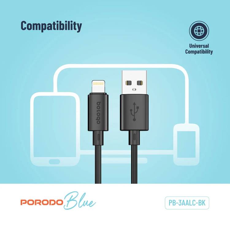 Porodo Blue Black Cable with USB-A To Lightning | Fast Charge, 1.2 m | (PB-3AALC-BK)