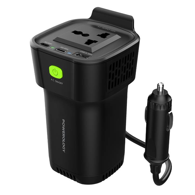 Buy Now Powerology 150W Cup Holder Power Inverter - Dual USB-C, USB-A ...