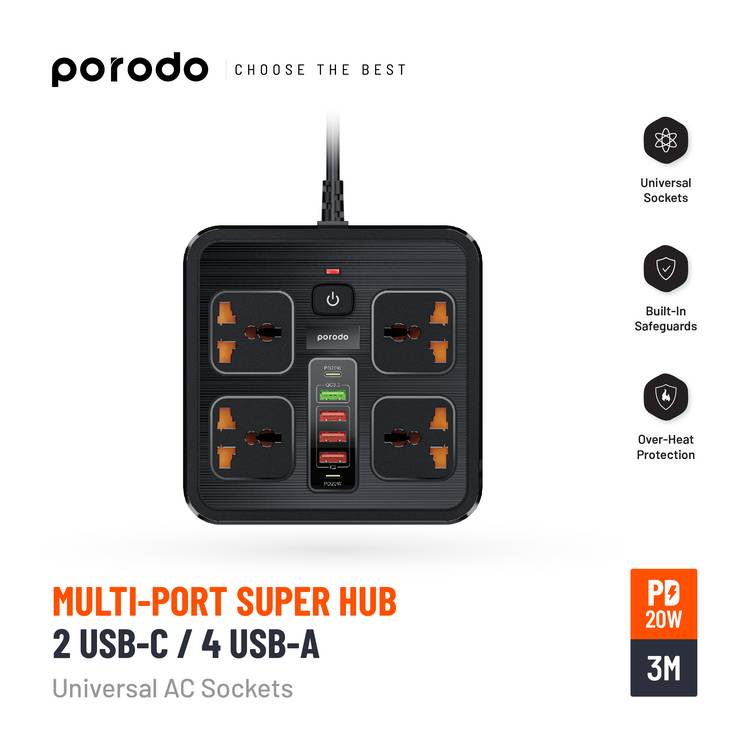 Porodo 3USB-A & 2Type-C Multiport Socket with UK Plug - Black | UAE (PD ...