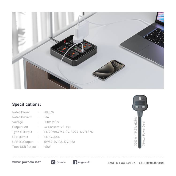 Porodo 3USB-A & 2Type-C Multiport Socket with UK Plug - Black | UAE (PD ...