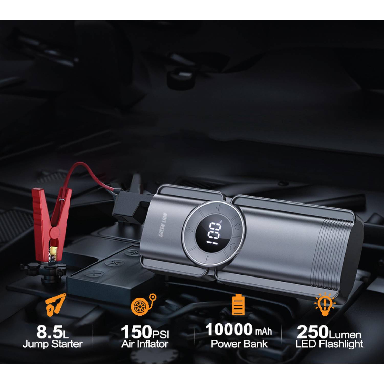 Green Lion Portable Jump Starter with Air Pump in UAE LED SOS Mode Black Color GNJUMPSTRBK