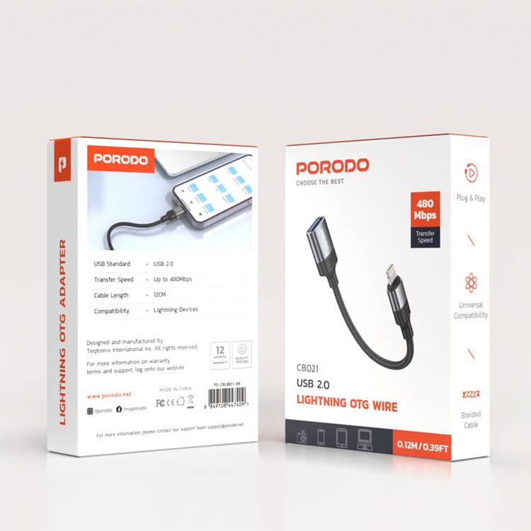 Porodo Lightning OTG Wire in UAE | 480Mbps Data Transfer, 12cm Cable Length - Black Color | (PD ...
