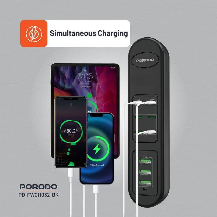 Porodo 50W Multi-Port USB Charging Hub in UAE | Simultaneous Charging, 2m Cable Length - Black ...