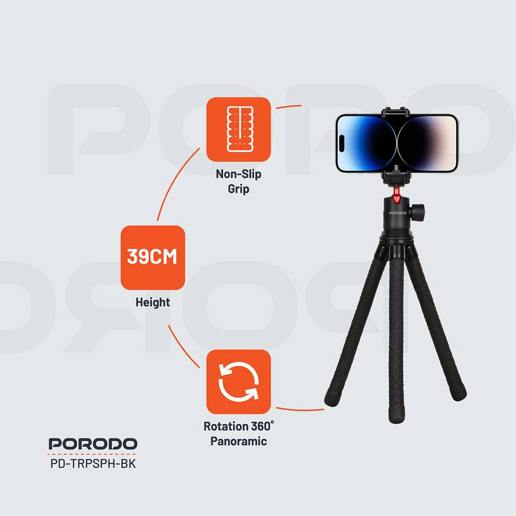 Shop Porodo Flexible Tripod Stand in UAE | Non-Slip Grip, 330mm Folded ...