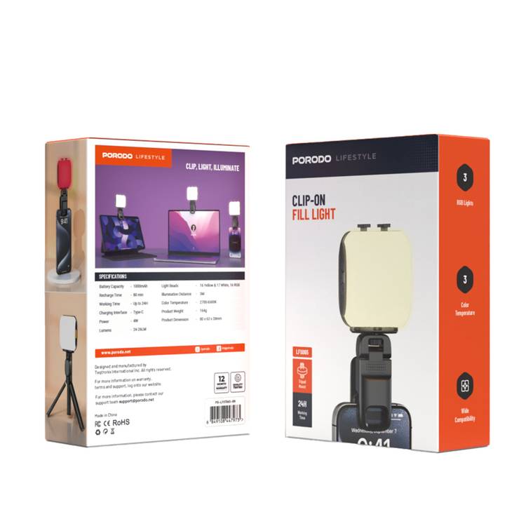 Porodo Lifestyle Clip-On Fill Light In UAE | Tripod Mount, 3 RGB Lights ...