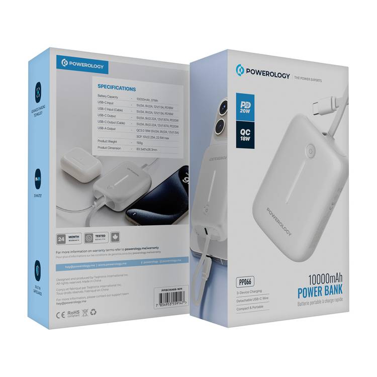 Powerology 10000mAh Power Bank in UAE | Detachable USB-C Wire - White | (PPBCHA66-WH)