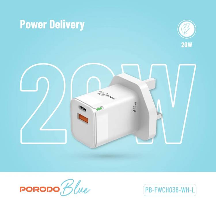 Porodo Blue Ultra-Quick Charger in UAE | With Type-C to Lightning Cable, USB-A & C, 20 w - White ...