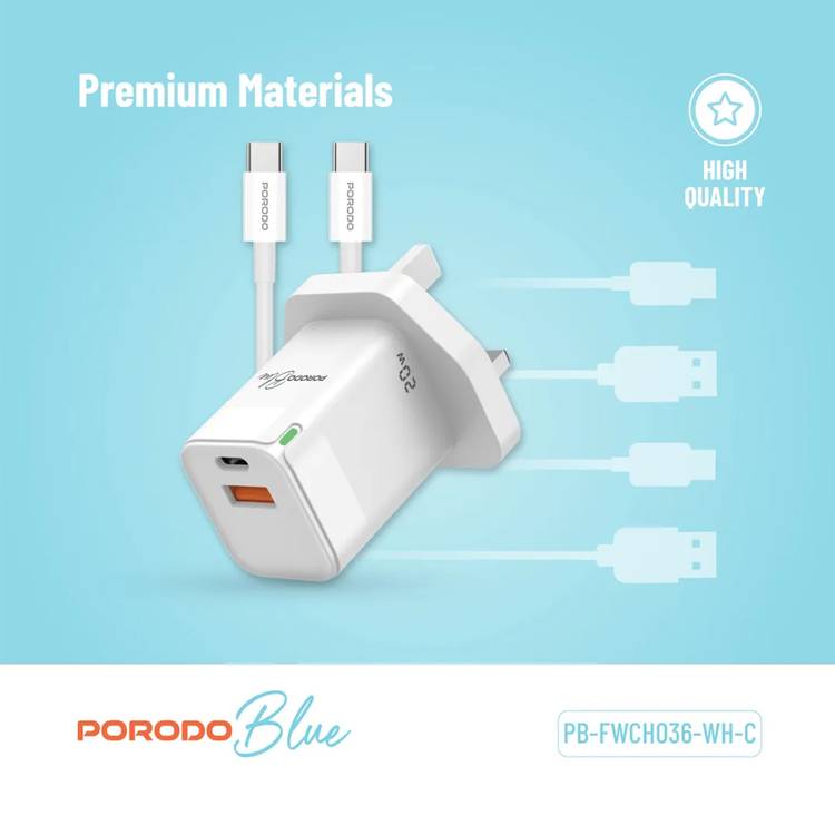 Porodo Blue Ultra-Quick Charger in UAE | With Type-C to C Cable, USB-A & C, 20 w - White | (PB ...