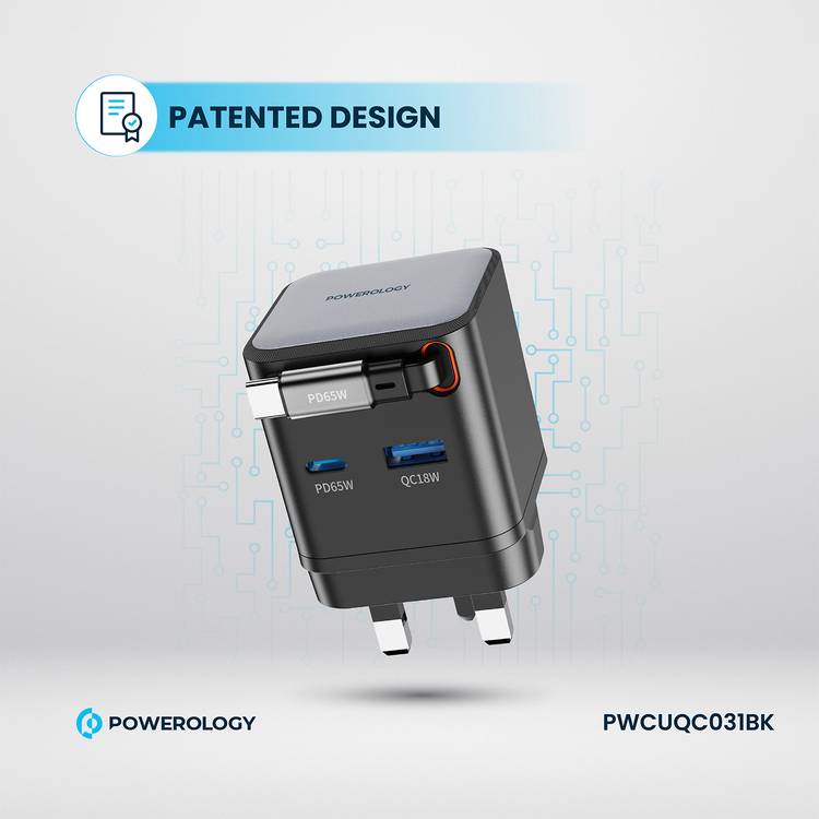 Powerology Dual Port Retractable GaN Charger in UAE | Fire Proof Material - Black Color ...